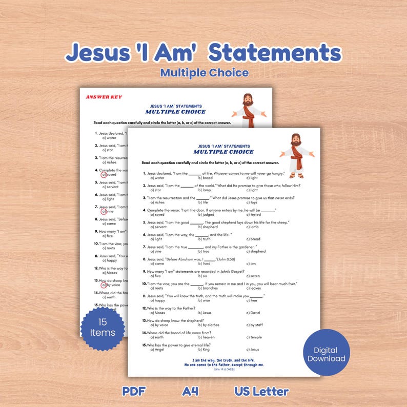 Jesus 'I Am' Statement Multiple Choice Quiz Activity Worksheet Bible ...