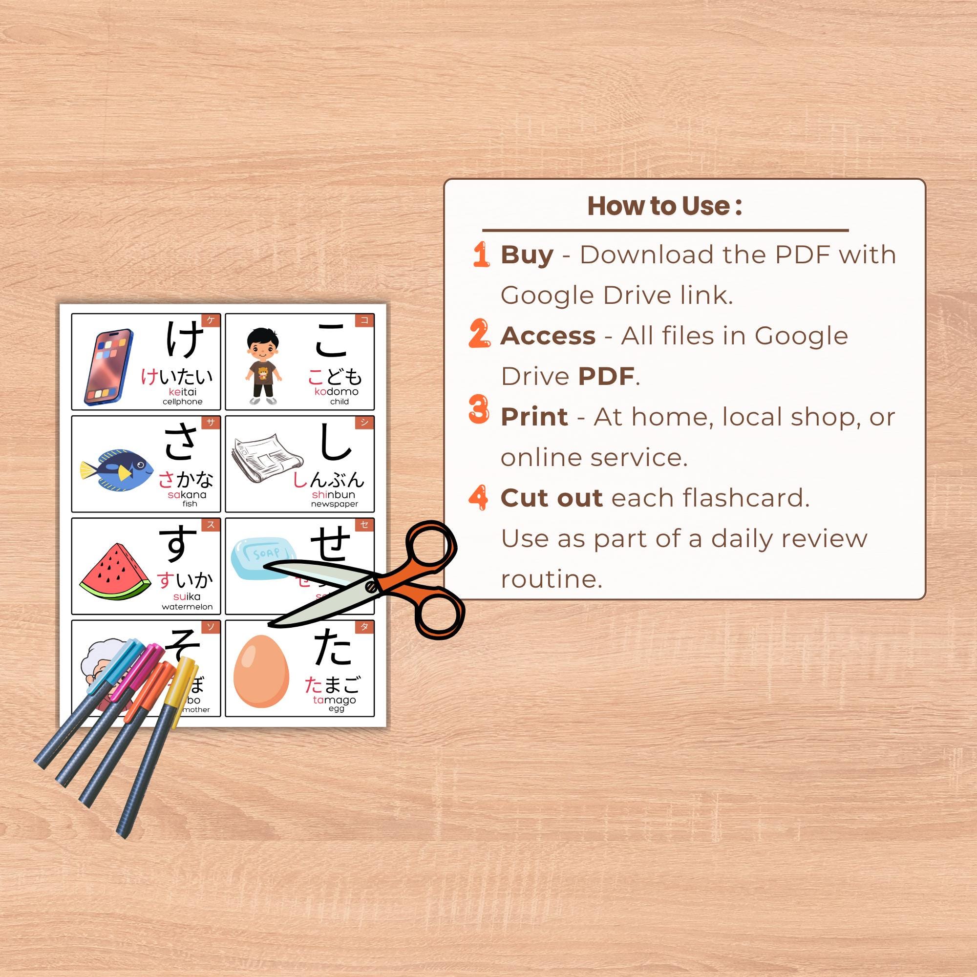 Japanese Hiragana Flashcard, Pictures Vocabulary Self-study Guide ...