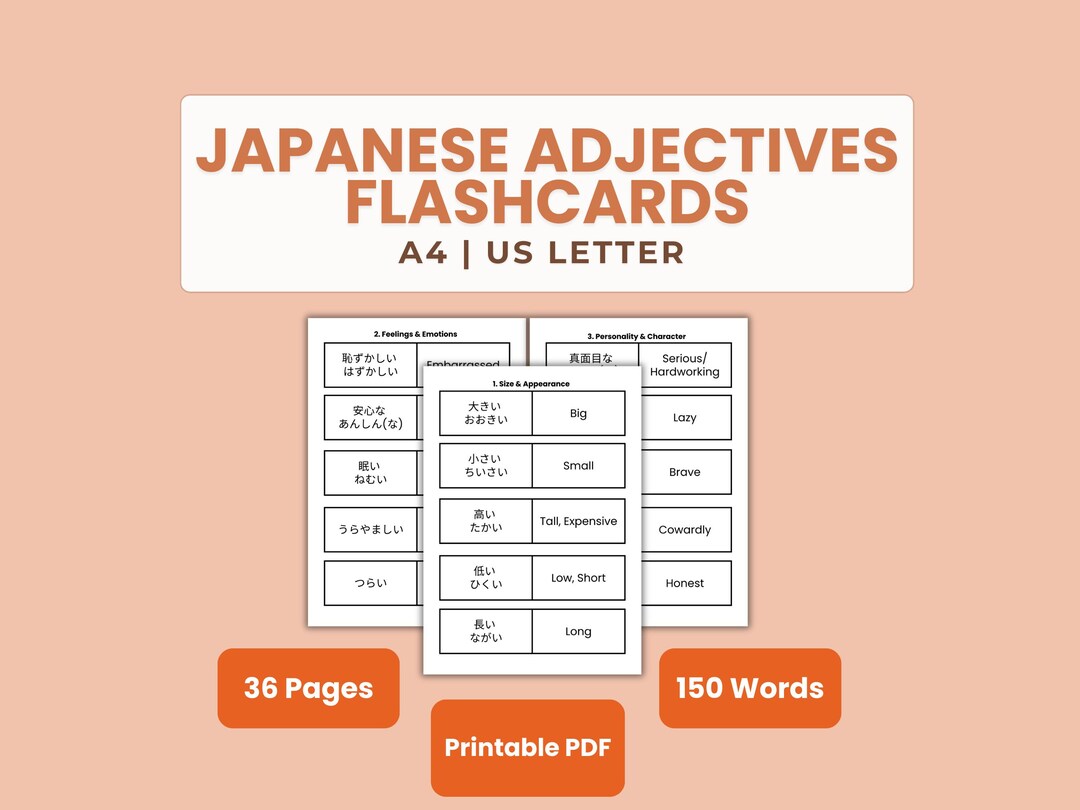 Japanese Adjectives Flashcards Beginner Printable PDF Vocabulary Study ...