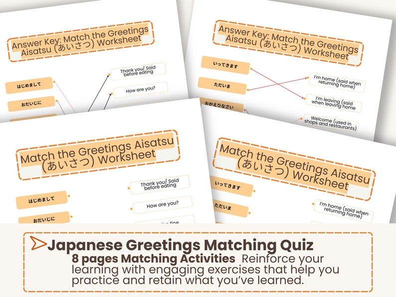 Japanese Learning Hiragana Katakana Worksheets | 40 Greetings Quizzes ...
