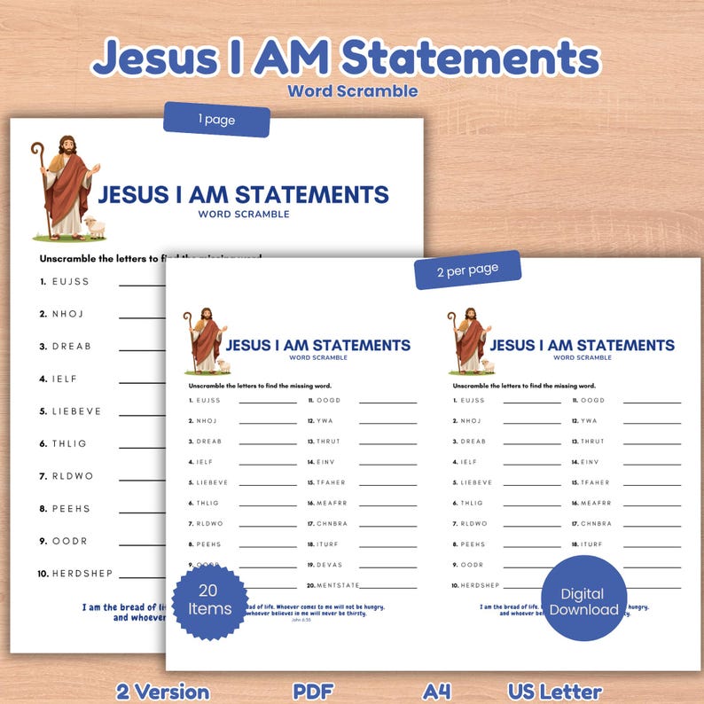 Jesus I Am Statements Bible Word Scramble Trivia Games Fill in Blank ...