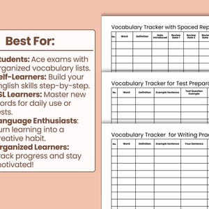 English Vocabulary Tracker Printable PDF Language Learning Planner ...