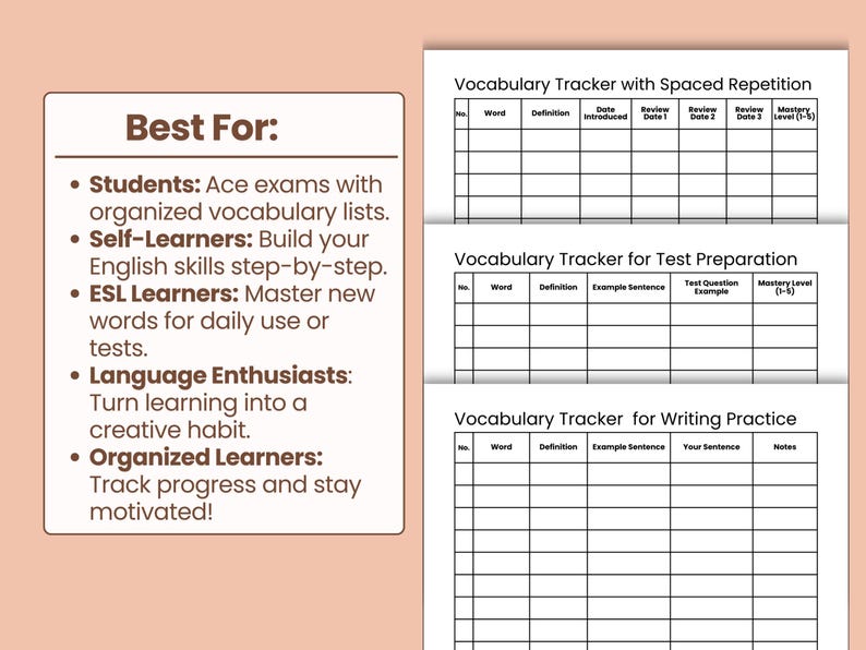 English Vocabulary Tracker Printable PDF Language Learning Planner ...