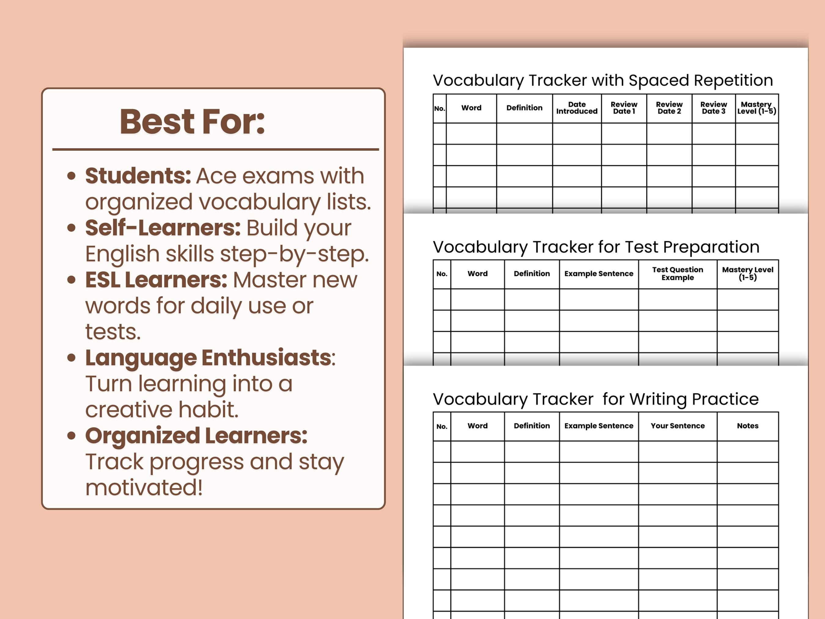 English Vocabulary Tracker Printable PDF Language Learning Planner ...