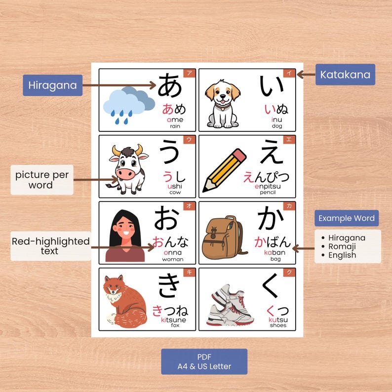 Japanese Hiragana Flashcard, Pictures Vocabulary Self-study Guide, Visual Learning Language ...