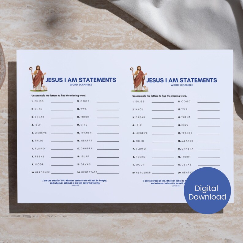 Jesus I Am Statements Bible Word Scramble Trivia Games Fill in Blank ...
