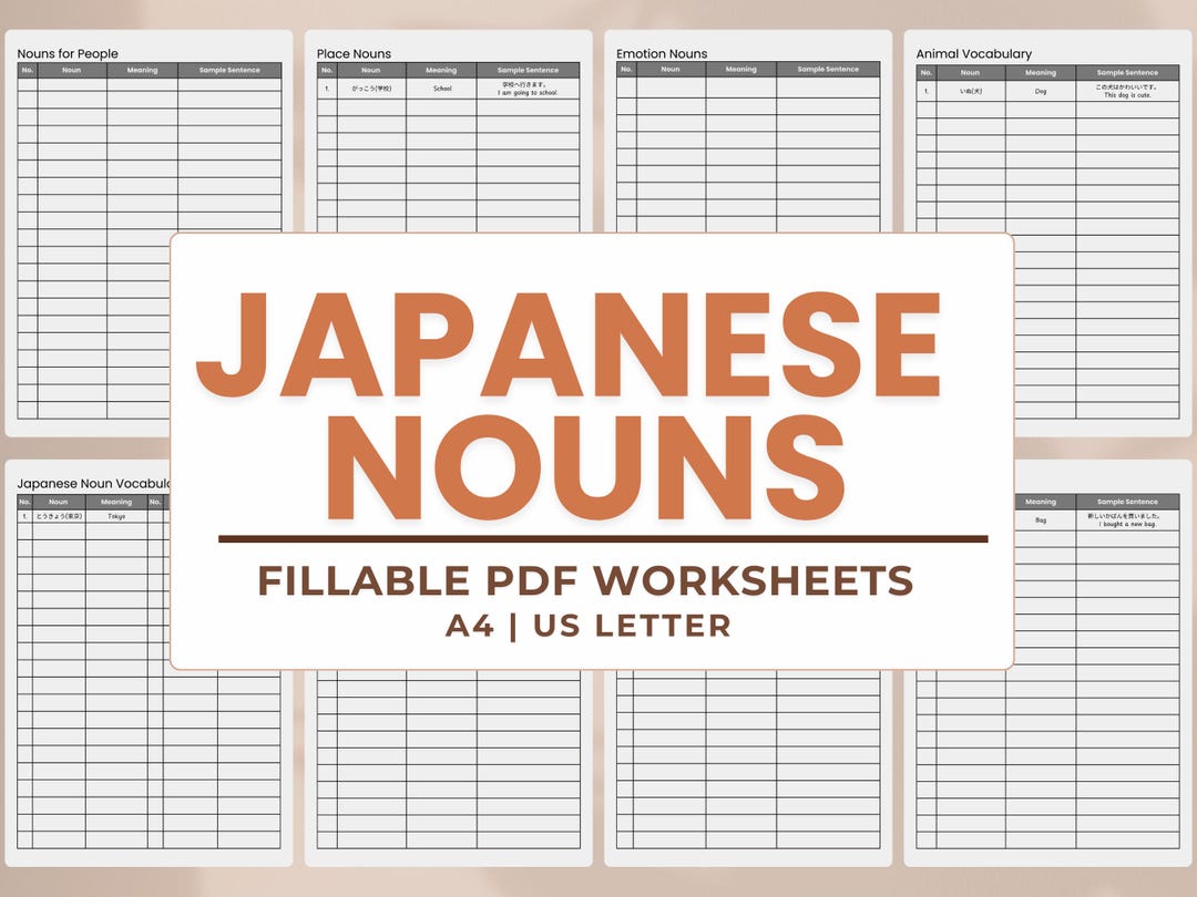 Japanese Noun Practice Sheets Fillable PDF Worksheets for JLPT N5 N4 ...