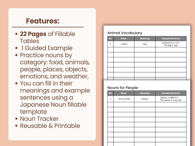 Japanese Noun Practice Sheets Fillable PDF Worksheets for JLPT N5 N4 ...
