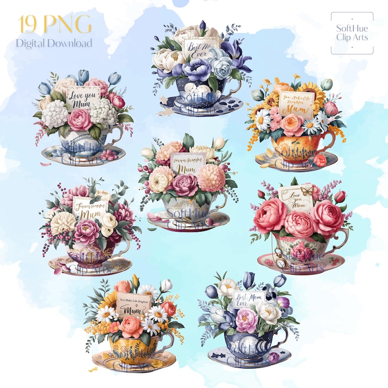 Mother’s Day Teacup Floral Clipart Bundle, Vintage Tea Cup Flower PNG ...