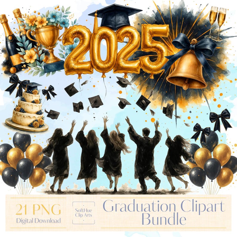 Graduation Clipart Bundle | 21 PNG Watercolor Graduation Cap, Gown ...