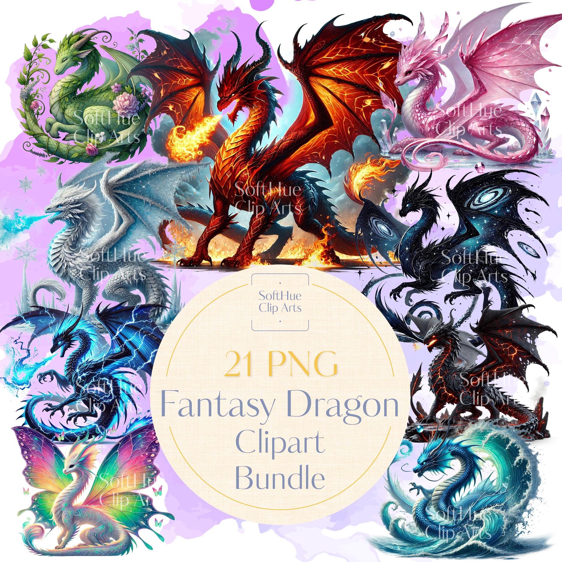 Fantasy Dragon Clipart Bundle – 21 PNG Magical Dragons, Watercolor ...