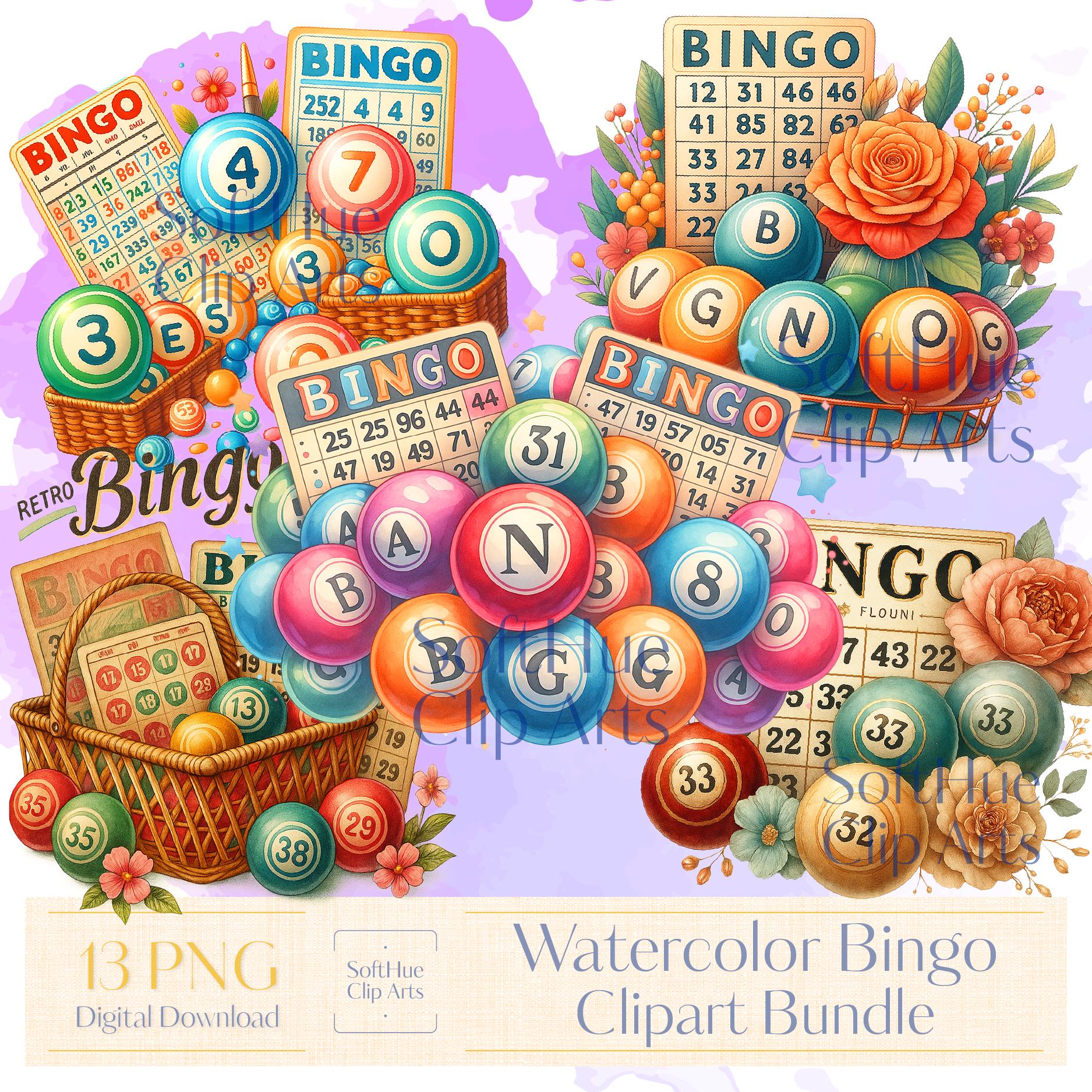 Watercolor Bingo Clipart Bundle | Bingo Cards & Balls PNG | Sublimation ...