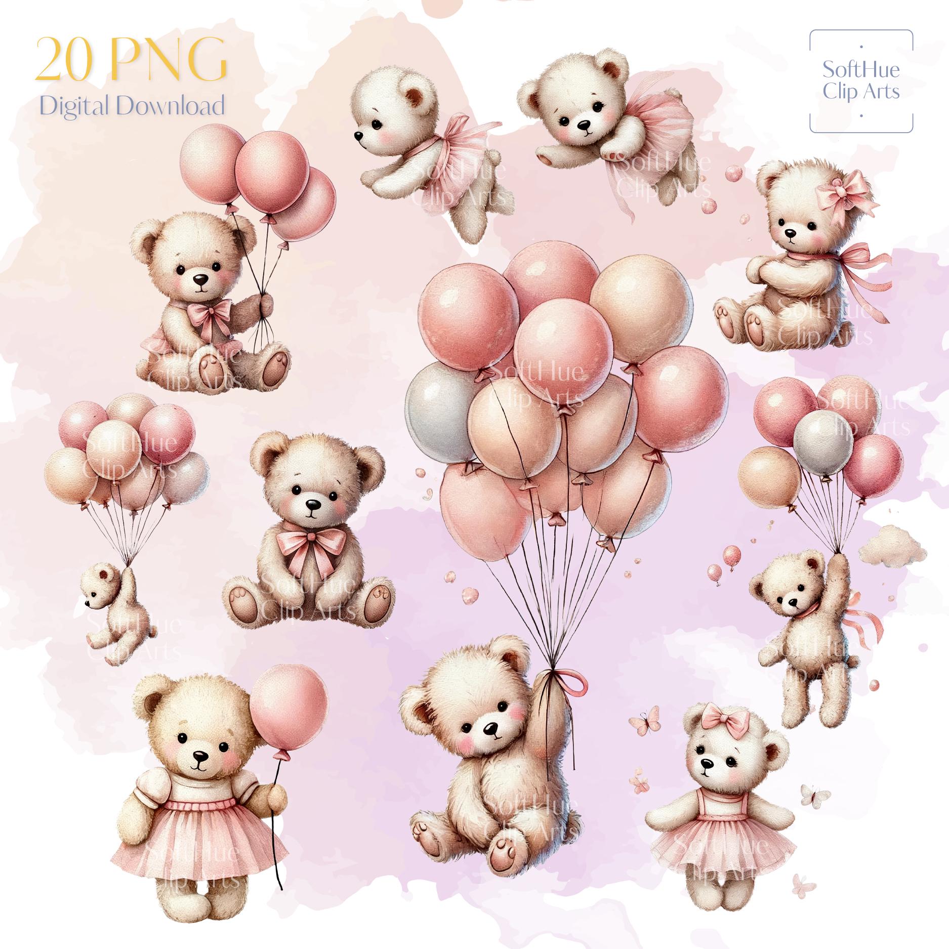 Pink Teddy Bear Clipart With Balloons | Watercolor Baby Girl PNG Bundle ...