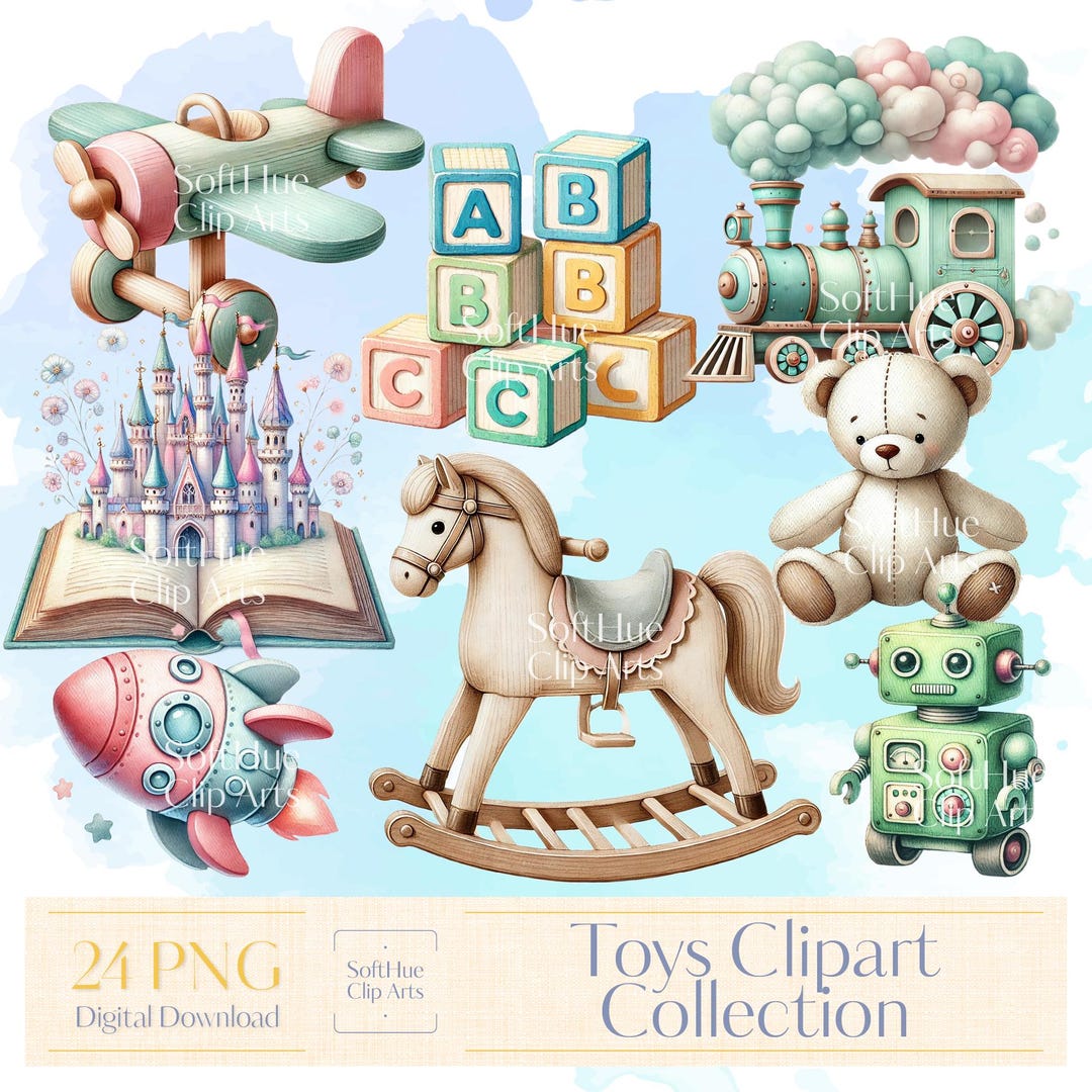 Toys Clipart Collection, 24 PNG Whimsical Watercolor Kids Playroom Art ...