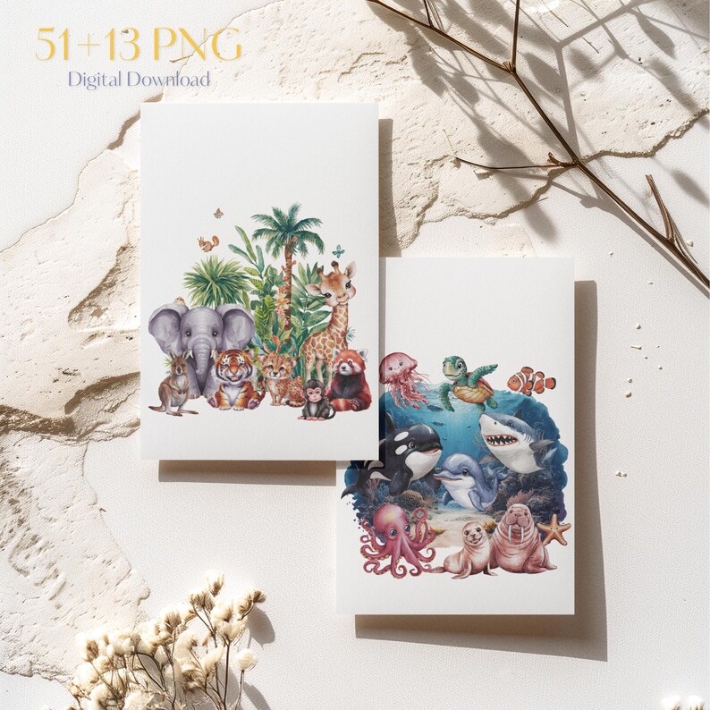 64 Watercolor Zoo Animals Clipart, Forest & Underwater PNG, Mammals ...