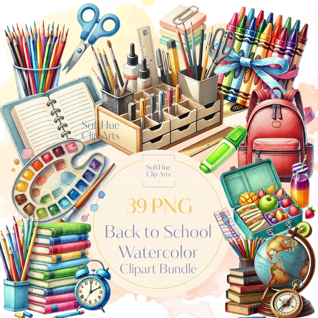 Back to School Watercolor Clipart Bundle | School Supplies PNG | Cute ...