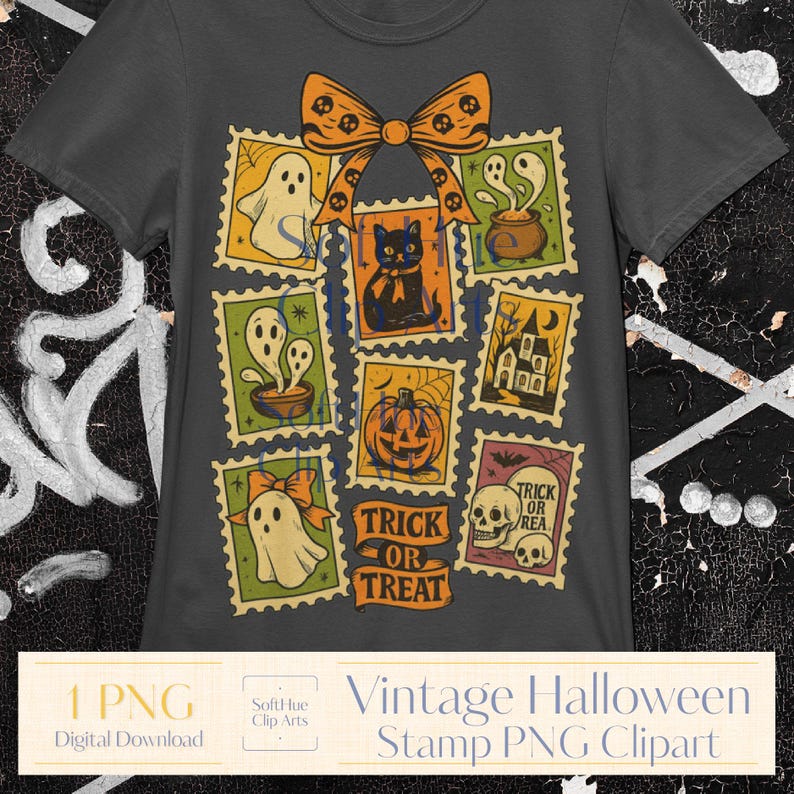 Vintage Halloween Stamp PNG Clipart, Retro Ghost Cat Pumpkin Skull ...