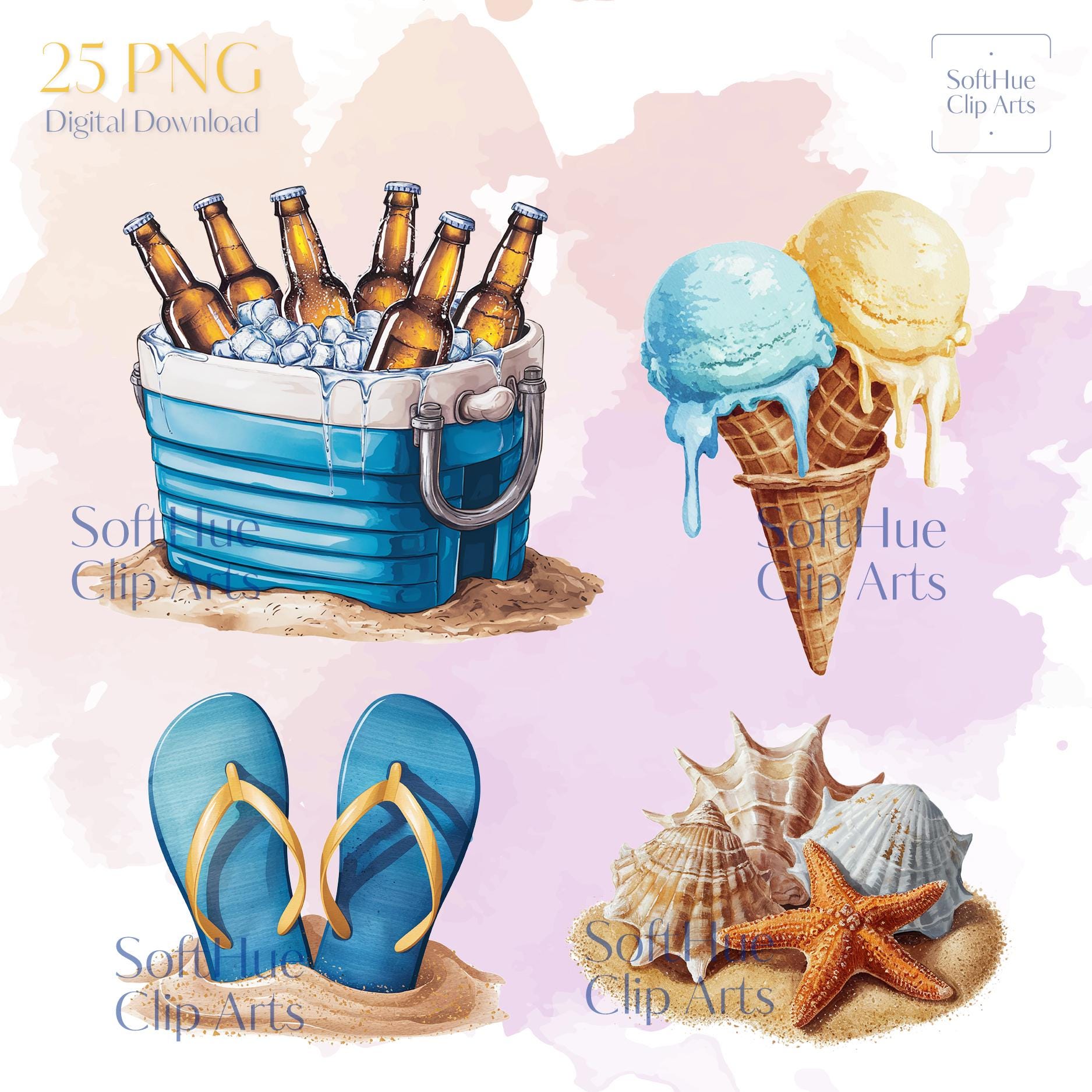Watercolor Beach Clipart Bundle, Summer Coastal Clip Art PNG, Beach ...