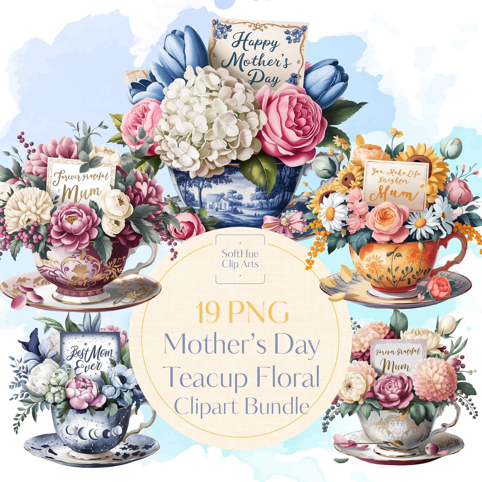 Mother’s Day Teacup Floral Clipart Bundle, Vintage Tea Cup Flower PNG ...