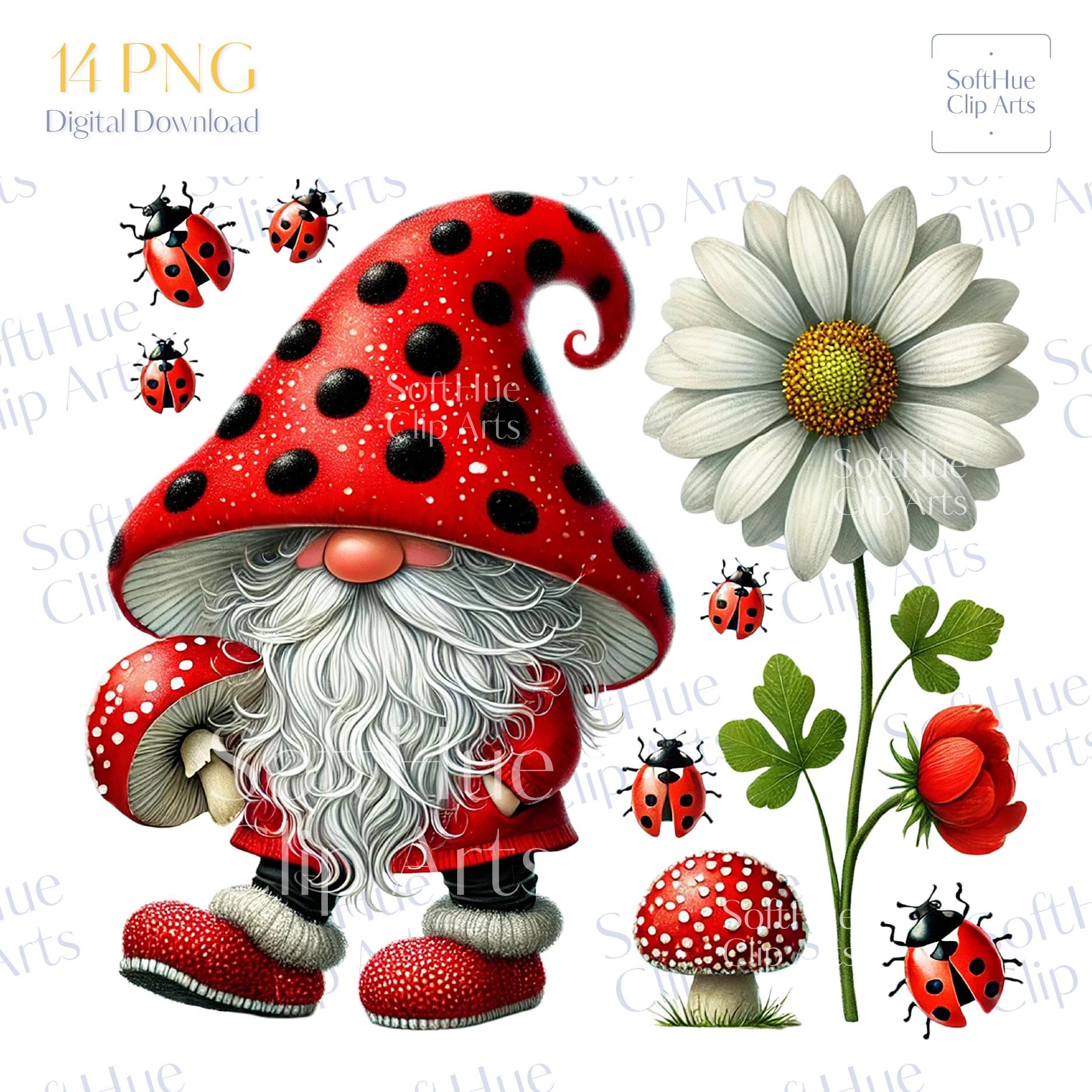 Gnome Ladybug Clipart, 14 PNG Bundle, Spring Summer Sublimation Designs ...