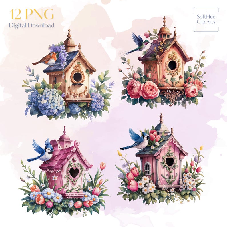 Spring Floral Birdhouse Clipart Bundle, 12 PNG Watercolor Birdhouse ...