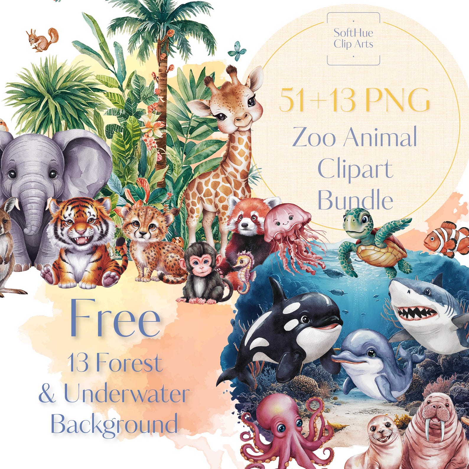 64 Watercolor Zoo Animals Clipart, Forest & Underwater PNG, Mammals ...