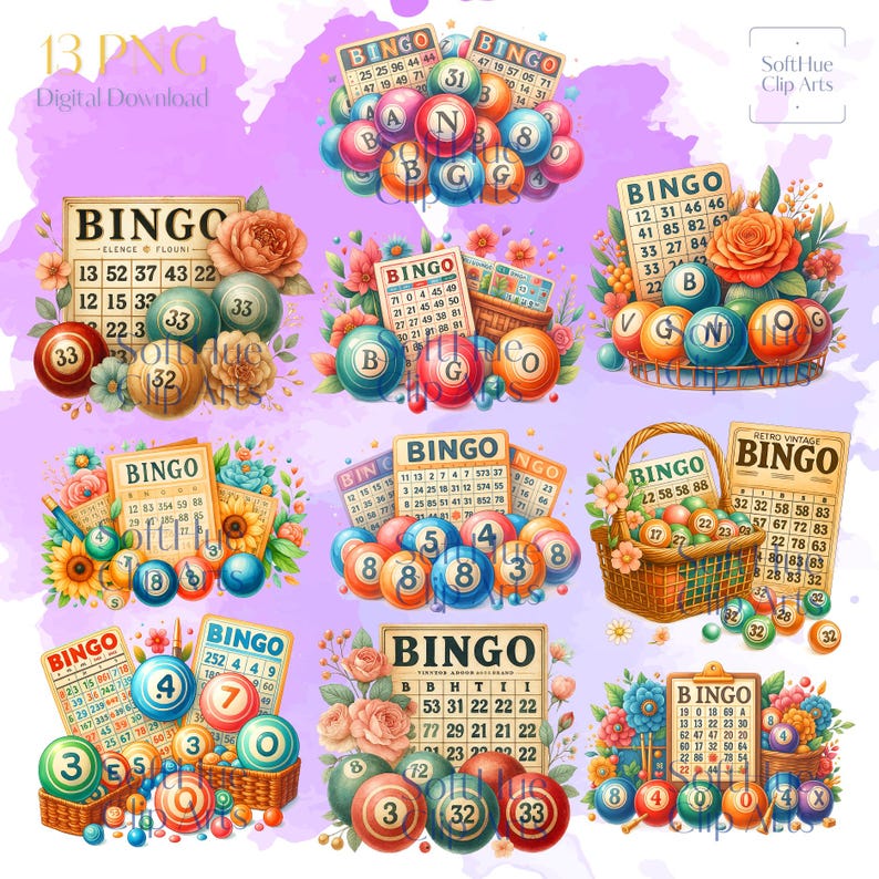 Watercolor Bingo Clipart Bundle | Bingo Cards & Balls PNG | Sublimation ...