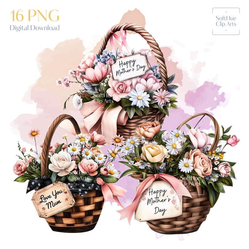 Happy Mother's Day Floral Basket Clipart Bundle, Watercolor Mother's ...
