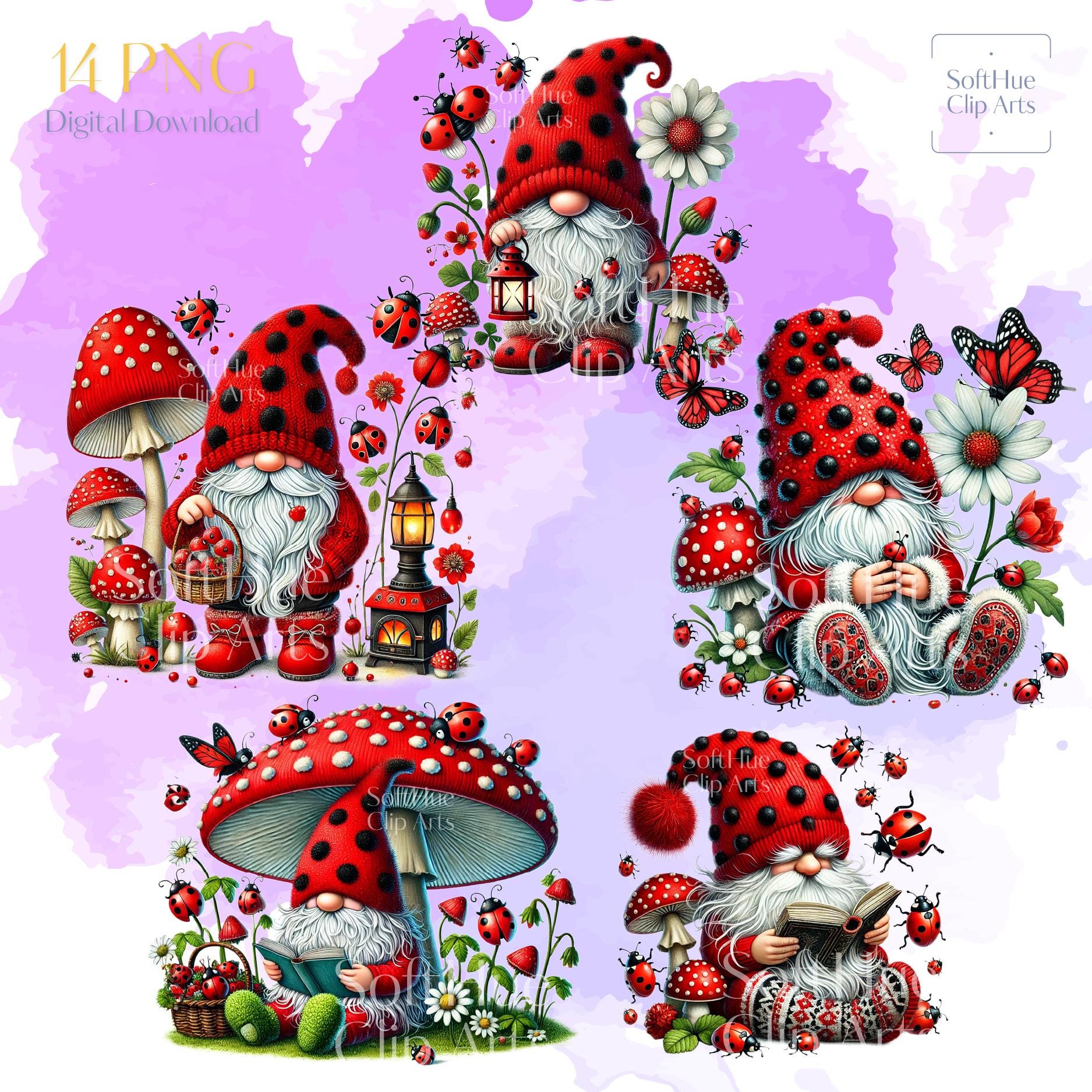 Gnome Ladybug Clipart, 14 PNG Bundle, Spring Summer Sublimation Designs ...