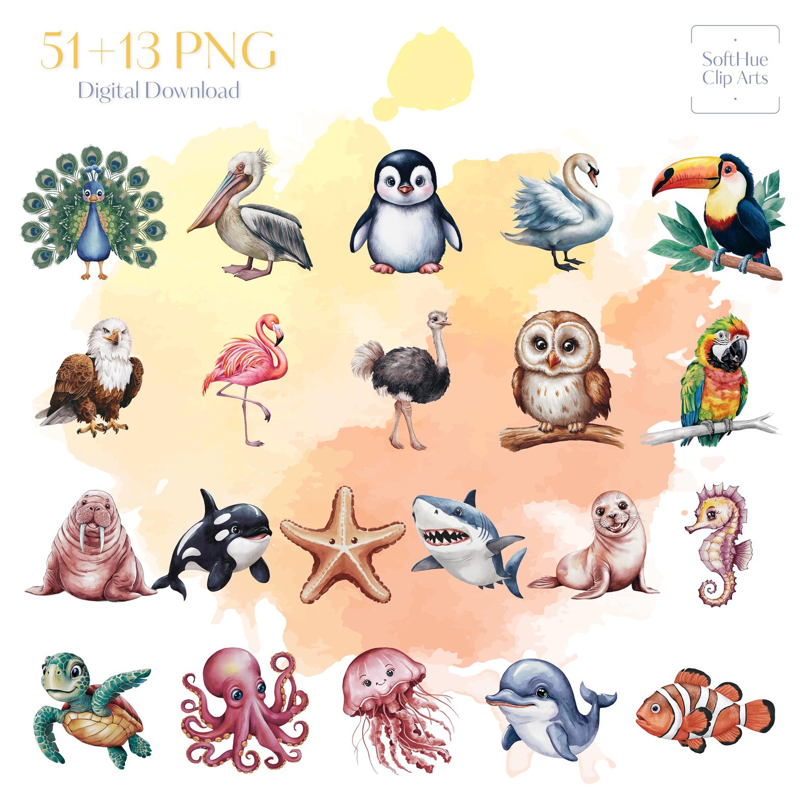64 Watercolor Zoo Animals Clipart, Forest & Underwater PNG, Mammals ...