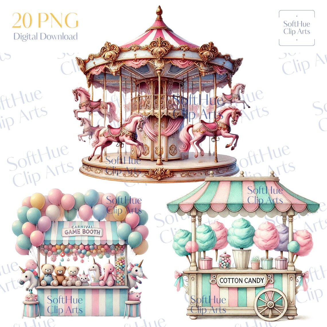 County Fair Clipart Bundle, Retro Watercolor Carnival Illustrations PNG ...