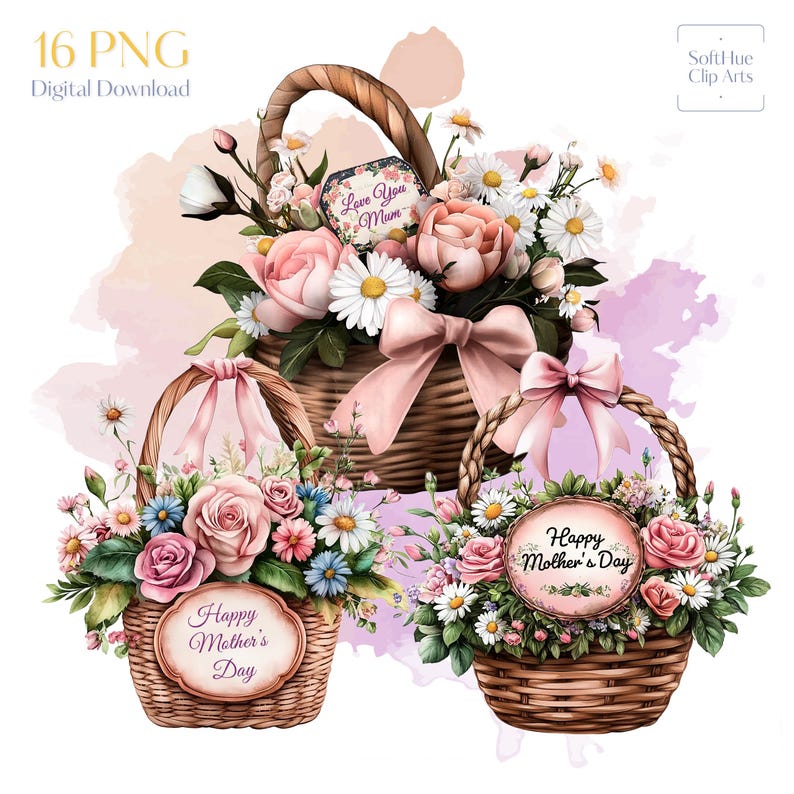 Happy Mother's Day Floral Basket Clipart Bundle, Watercolor Mother's ...