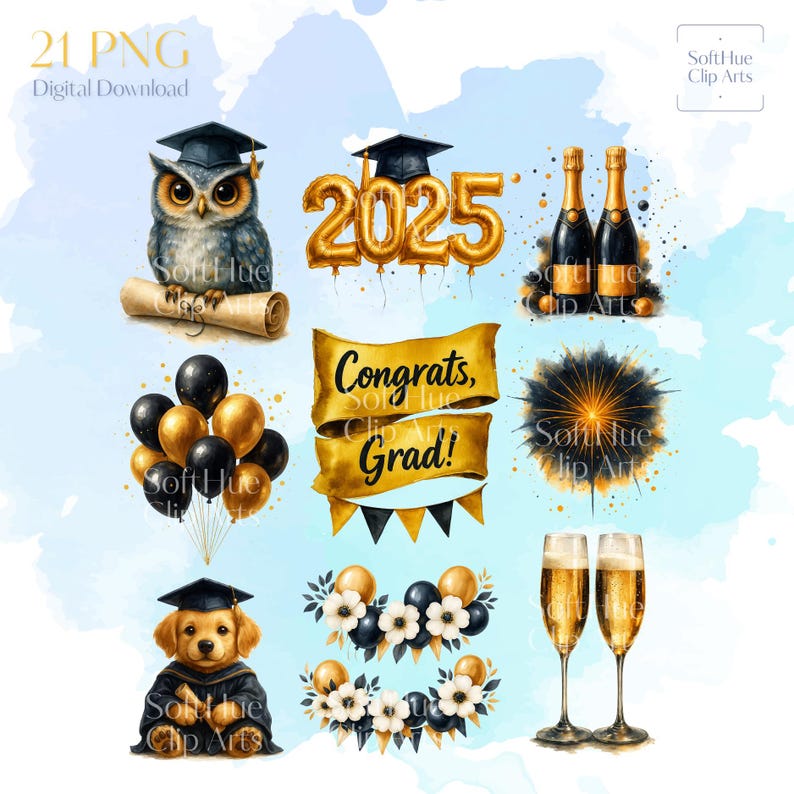 Graduation Clipart Bundle | 21 PNG Watercolor Graduation Cap, Gown ...