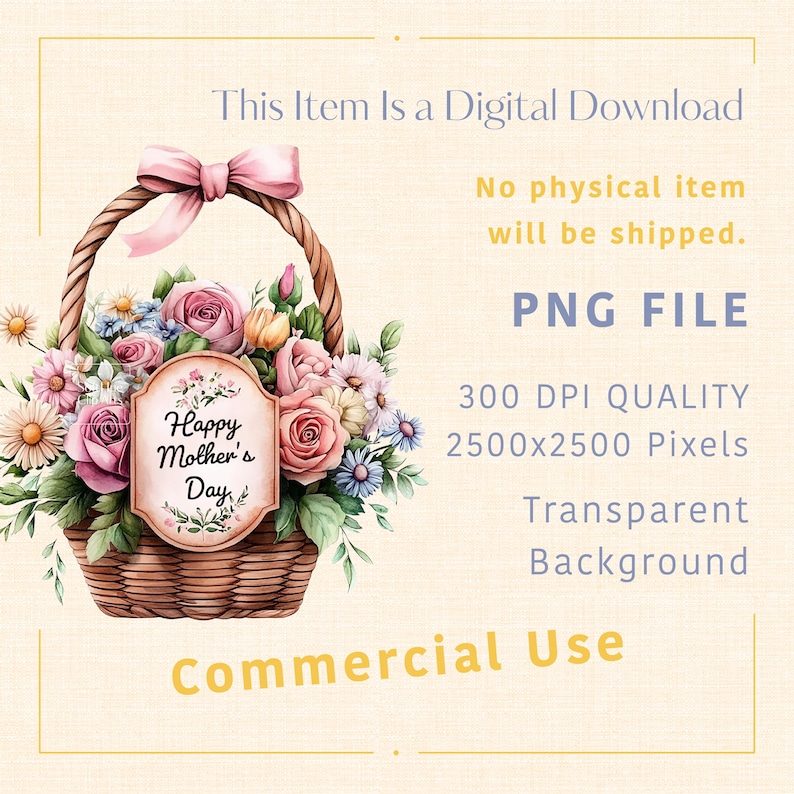 Happy Mother's Day Floral Basket Clipart Bundle, Watercolor Mother's ...