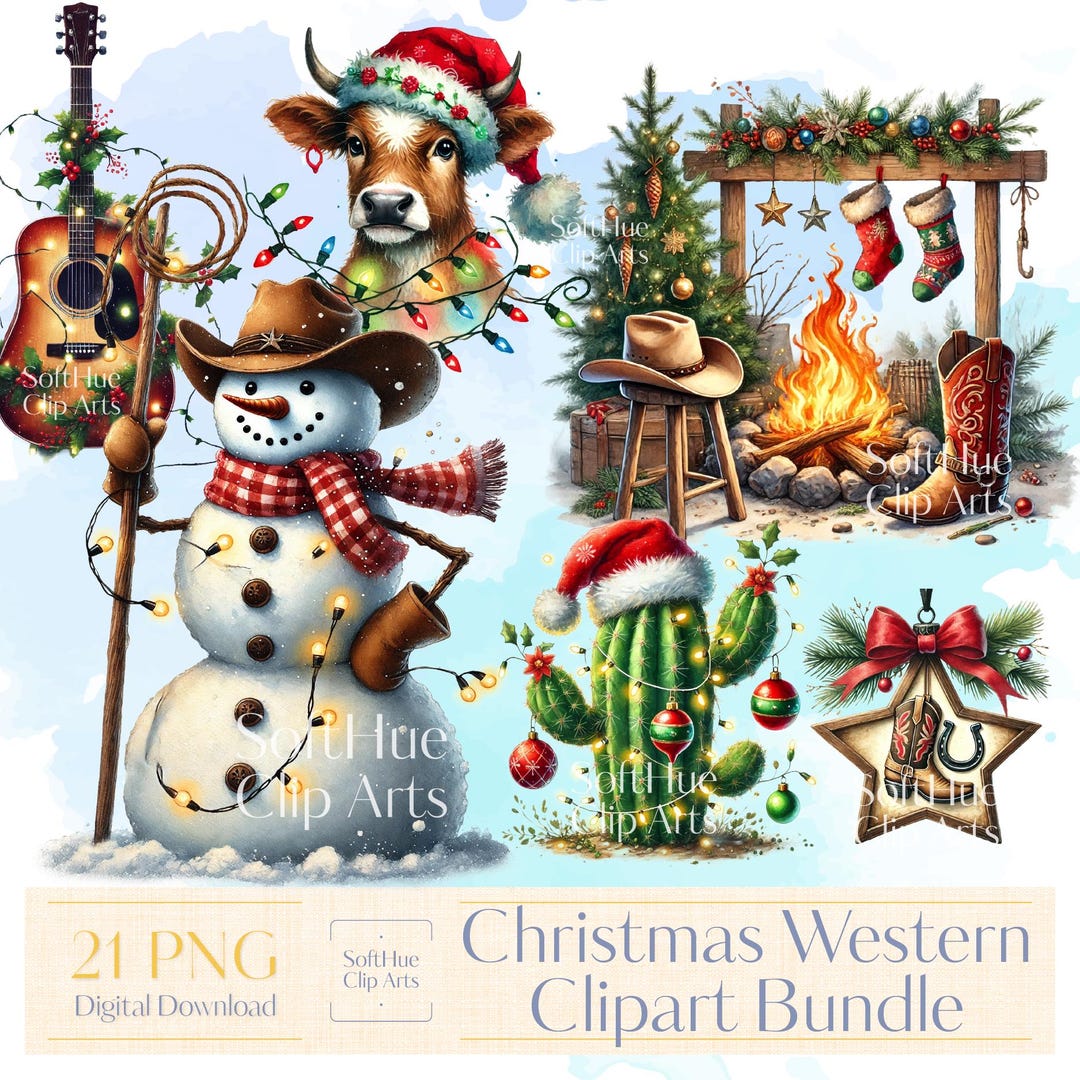 Christmas Western Clipart Bundle, Cowboy Christmas PNG Set, Country ...