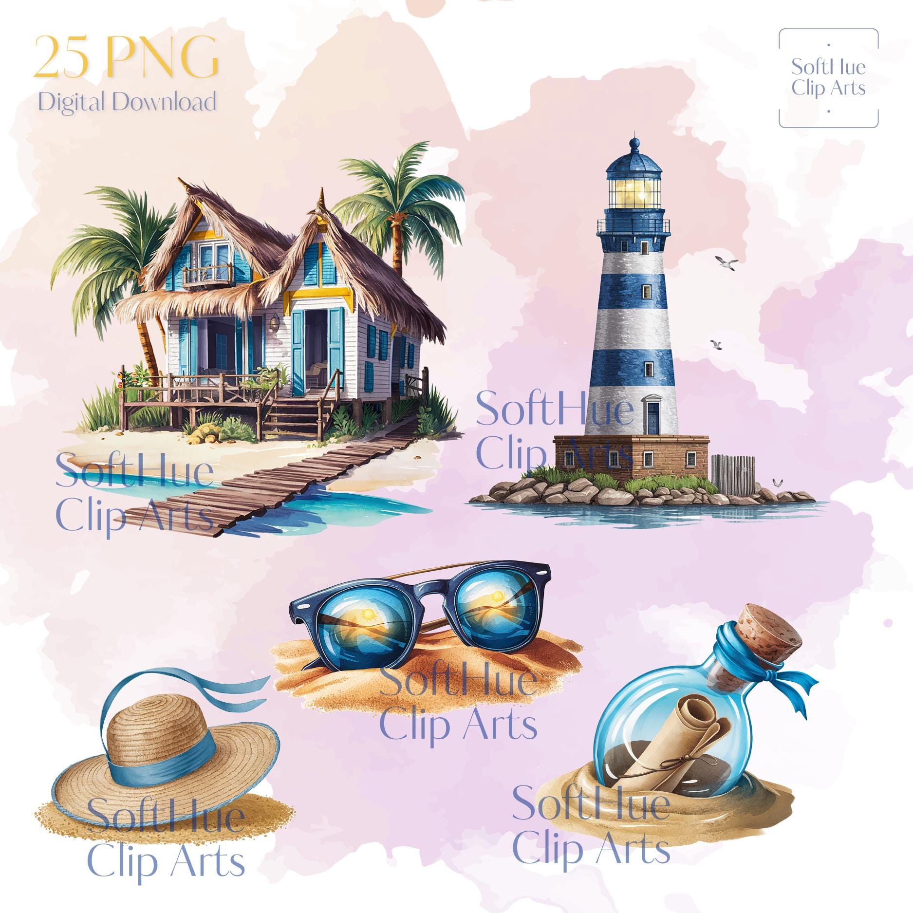 Watercolor Beach Clipart Bundle, Summer Coastal Clip Art PNG, Beach ...