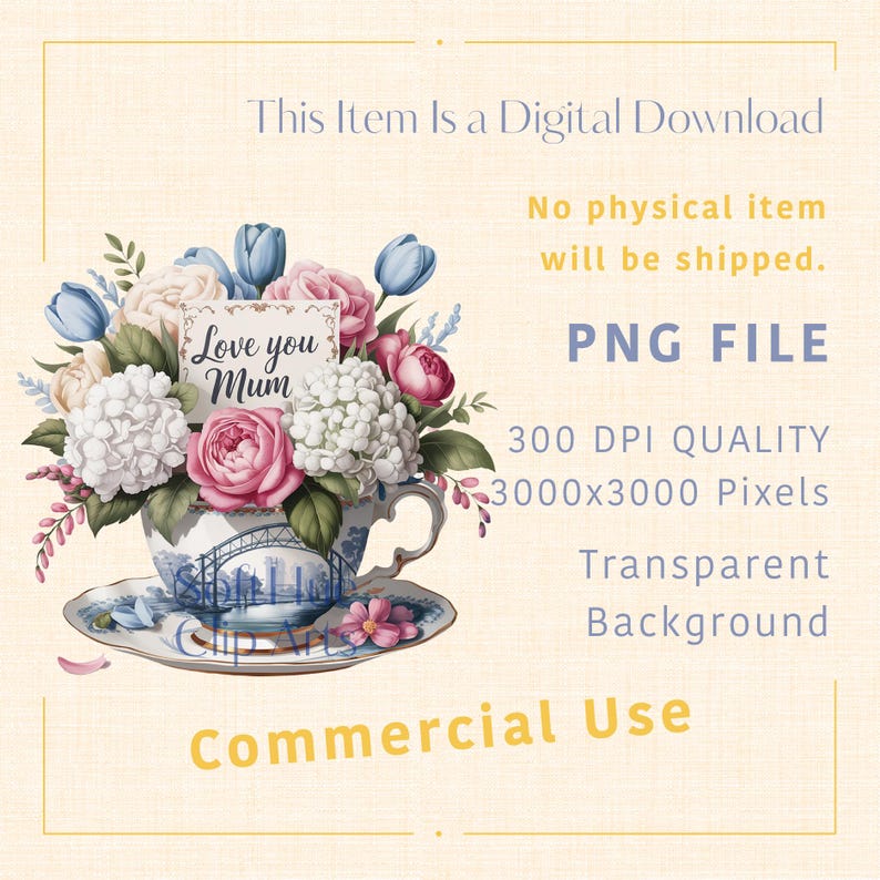 Mother’s Day Teacup Floral Clipart Bundle, Vintage Tea Cup Flower PNG ...