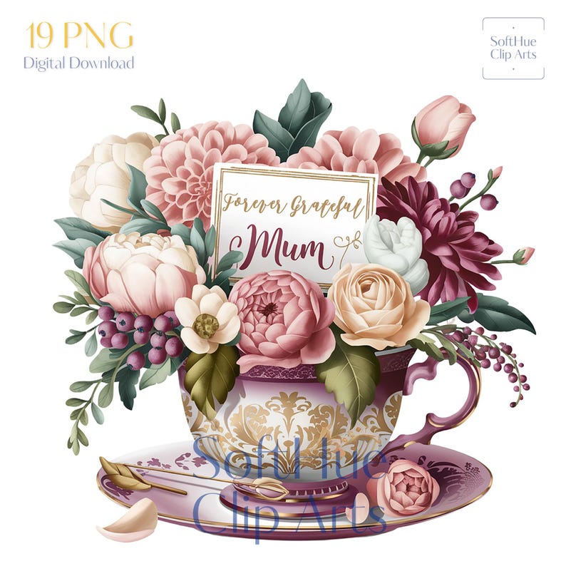 Mother’s Day Teacup Floral Clipart Bundle, Vintage Tea Cup Flower PNG ...