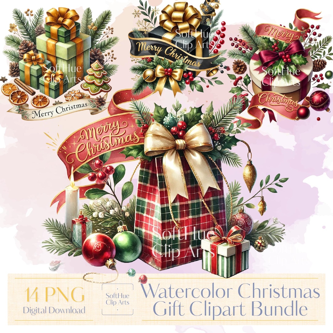 Watercolor Christmas Gift Clipart Bundle 14 PNG Files of Festive ...