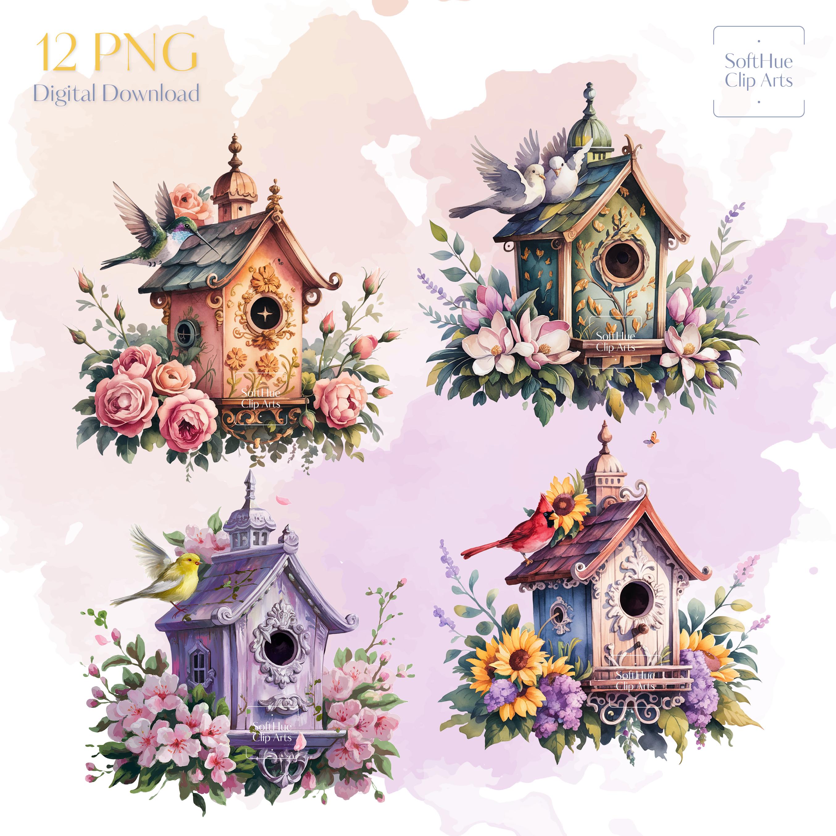 Spring Floral Birdhouse Clipart Bundle, 12 PNG Watercolor Birdhouse ...