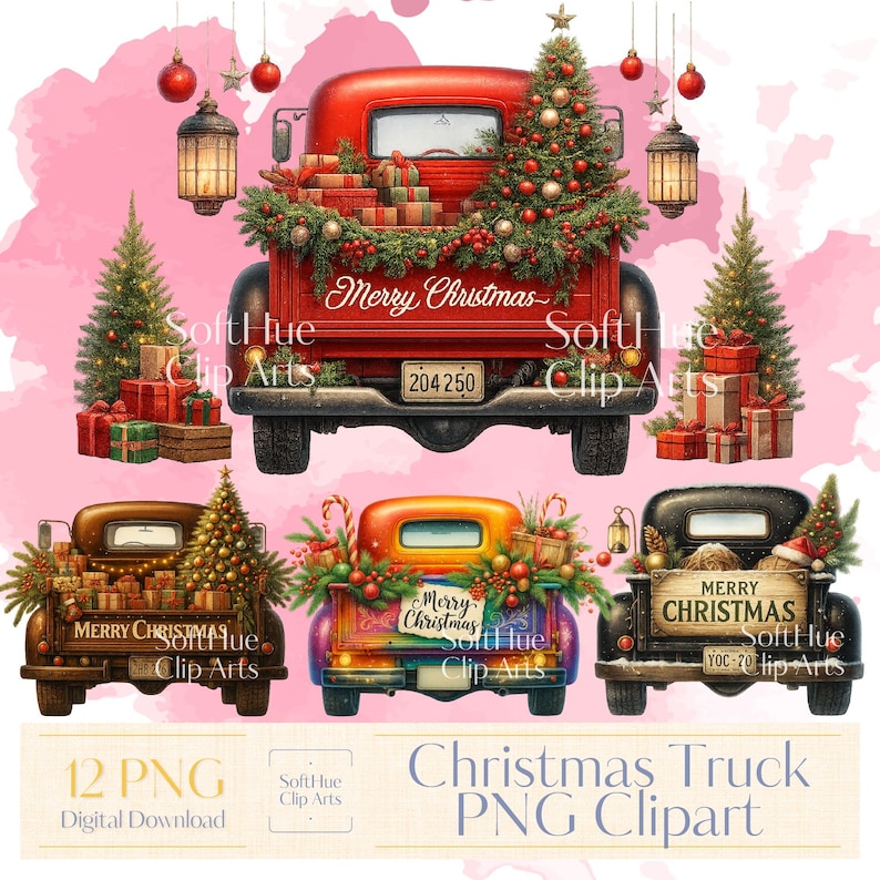 Christmas Truck PNG Clipart Bundle, 12 Vintage Farm Truck Christmas ...