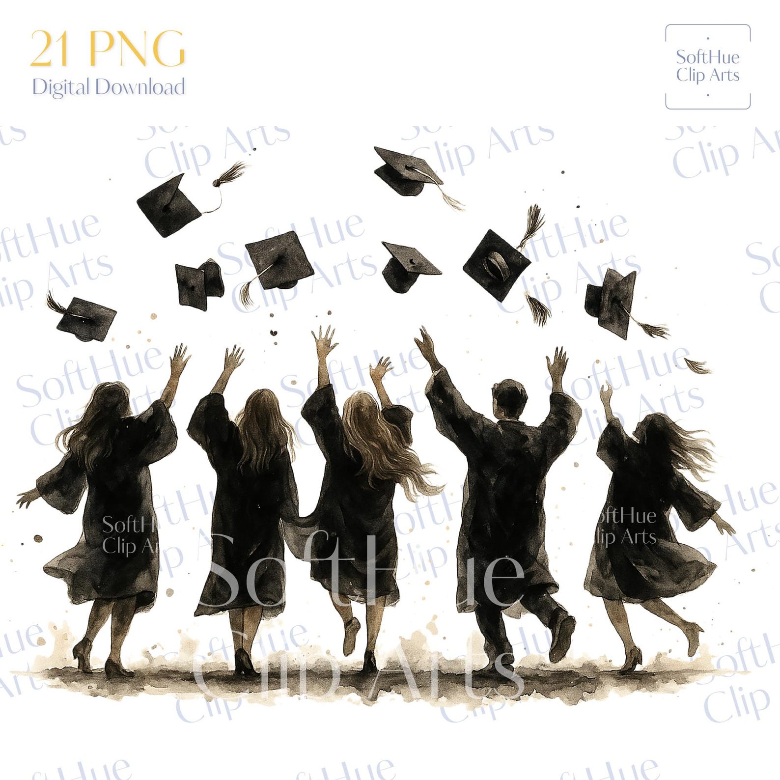 Graduation Clipart Bundle | 21 PNG Watercolor Graduation Cap, Gown ...