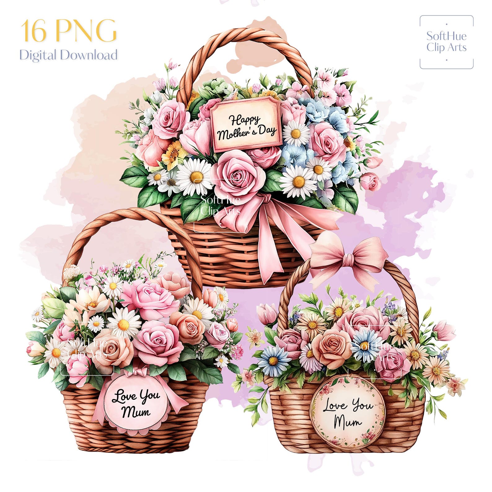 Happy Mother's Day Floral Basket Clipart Bundle, Watercolor Mother's ...
