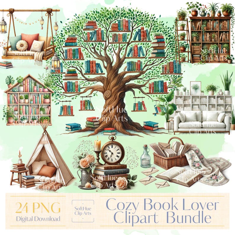 Cozy Book Lover Clipart Bundle, 24 PNG Watercolor Bookish Illustrations ...