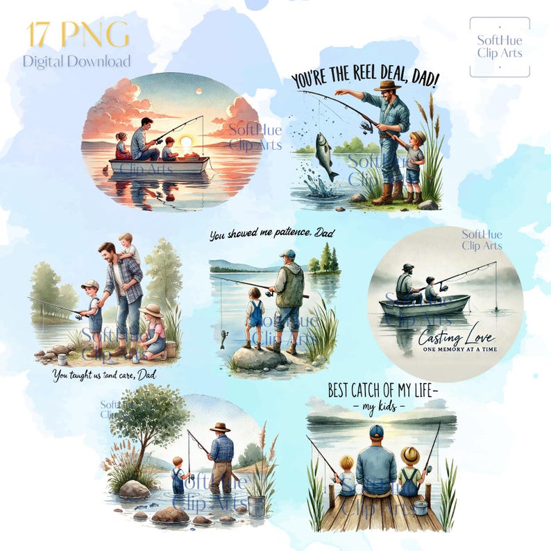 Father’s Day Fishing Clipart Bundle | Dad and Kids Watercolor PNG ...