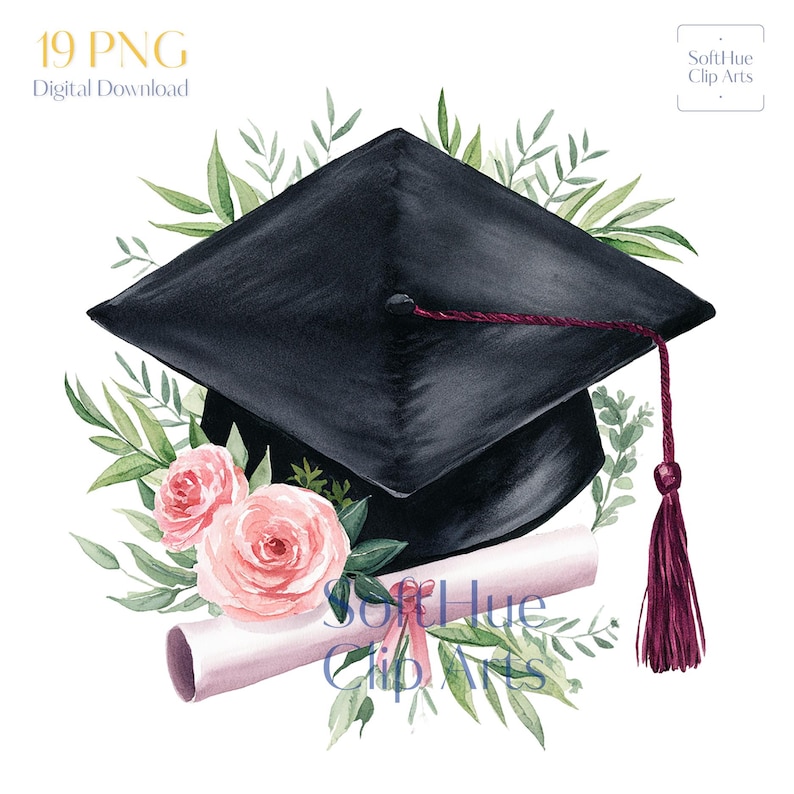 Watercolor Graduation Hat Clipart Bundle - 19 PNG Files, Graduation Cap ...