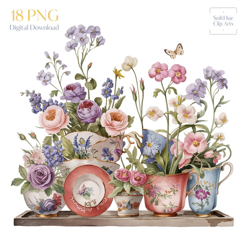 Watercolor Flower Pot Clipart Bundle, 18 PNG Floral Arrangements ...