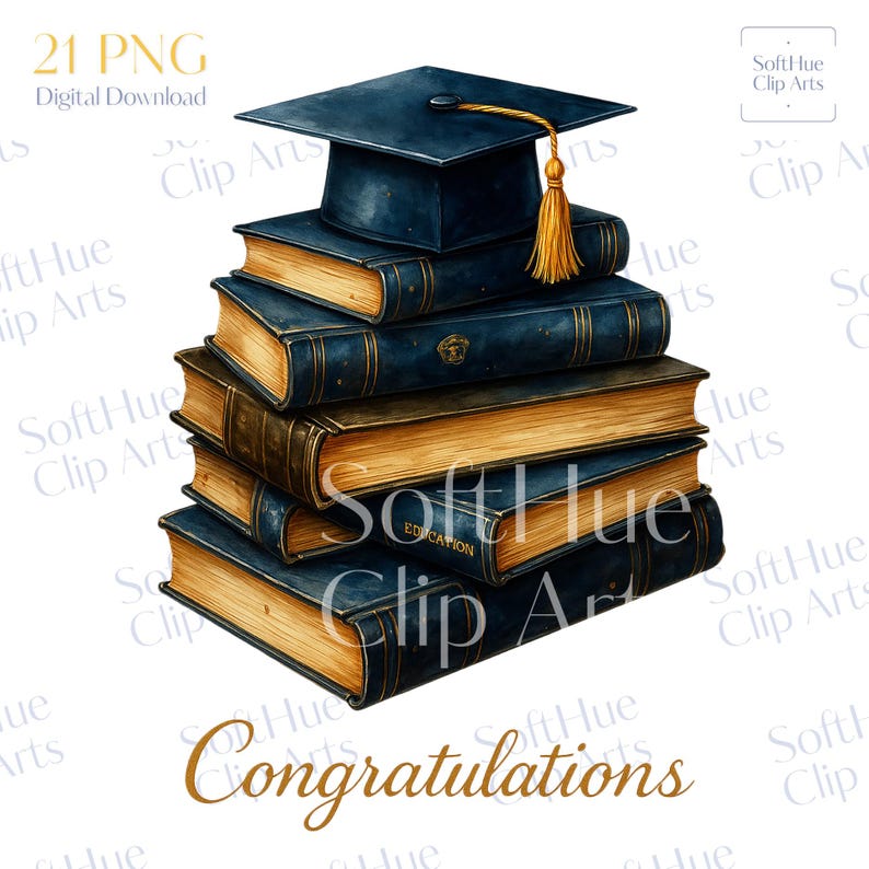 Graduation Clipart Bundle | 21 PNG Watercolor Graduation Cap, Gown ...