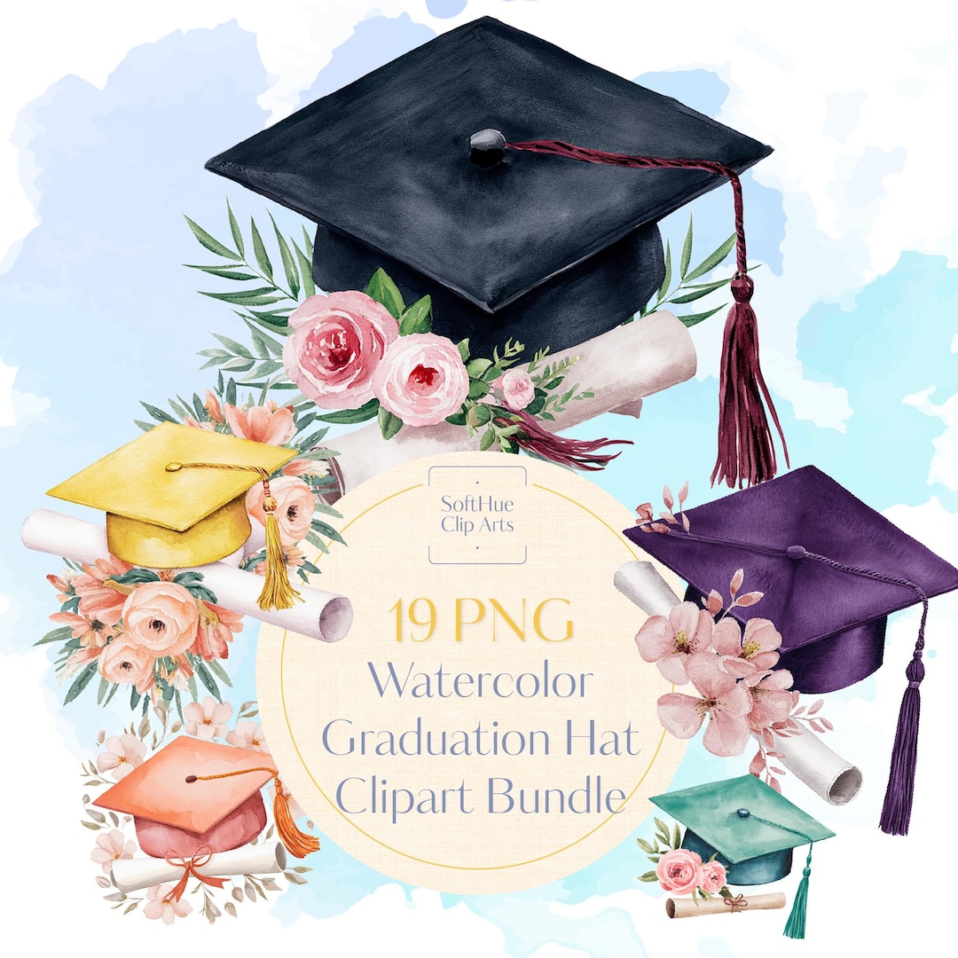 Watercolor Graduation Hat Clipart Bundle - 19 PNG Files, Graduation Cap ...