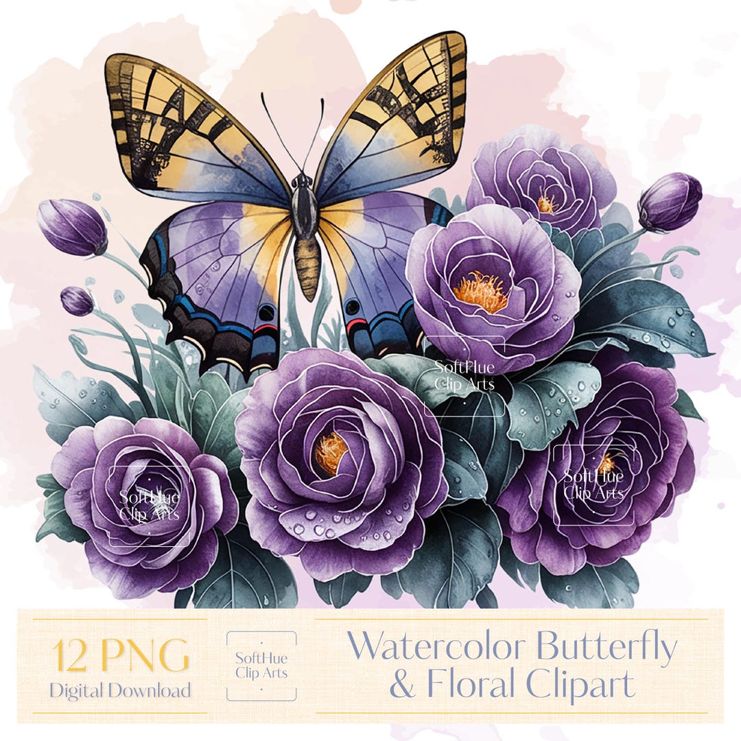 Watercolor Butterfly & Floral Clipart, Spring PNG Set, Hand-painted ...